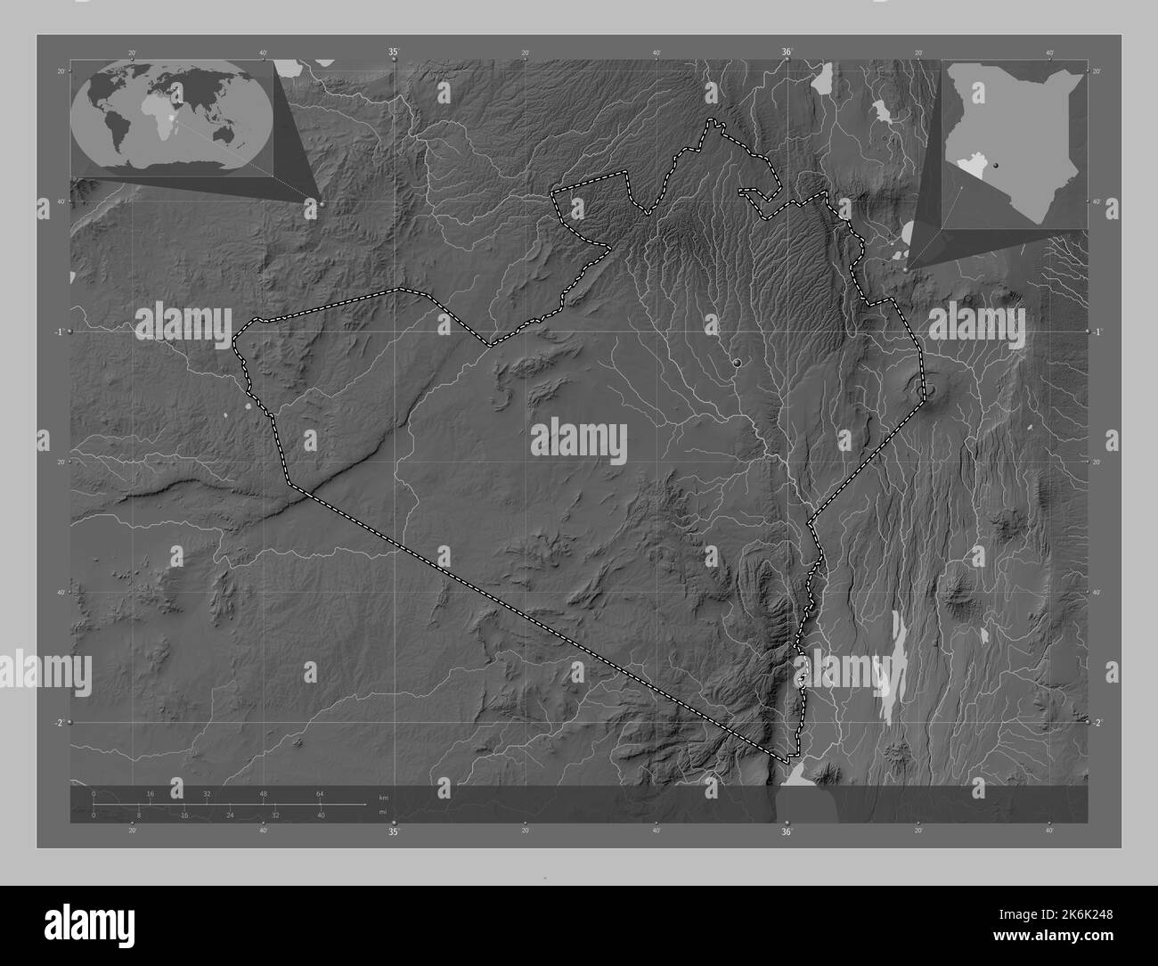 Narok, county of Kenya. Grayscale elevation map with lakes and rivers ...