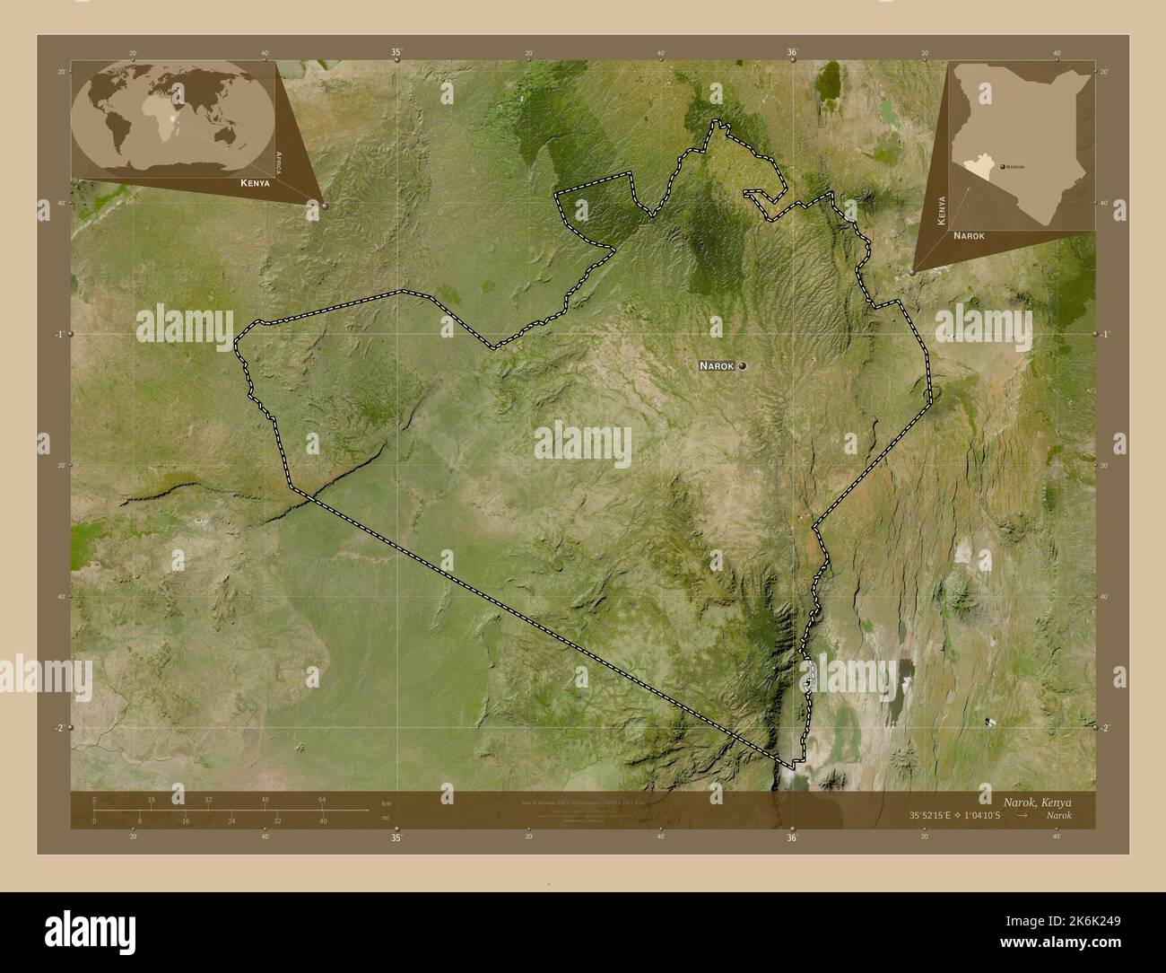 Narok, county of Kenya. Low resolution satellite map. Locations and ...