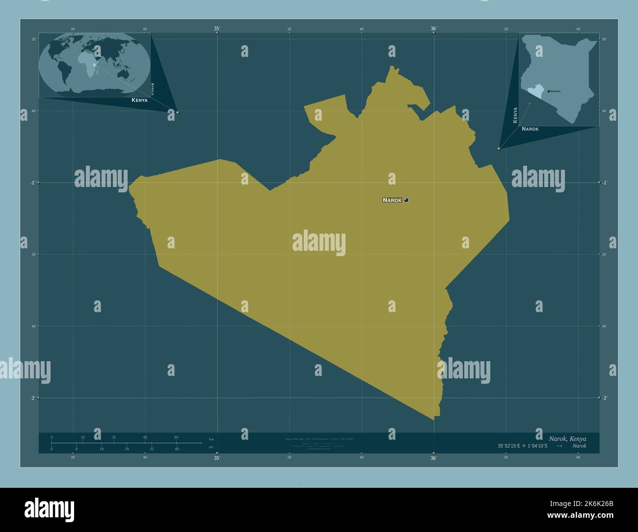 Narok, county of Kenya. Solid color shape. Locations and names of major ...