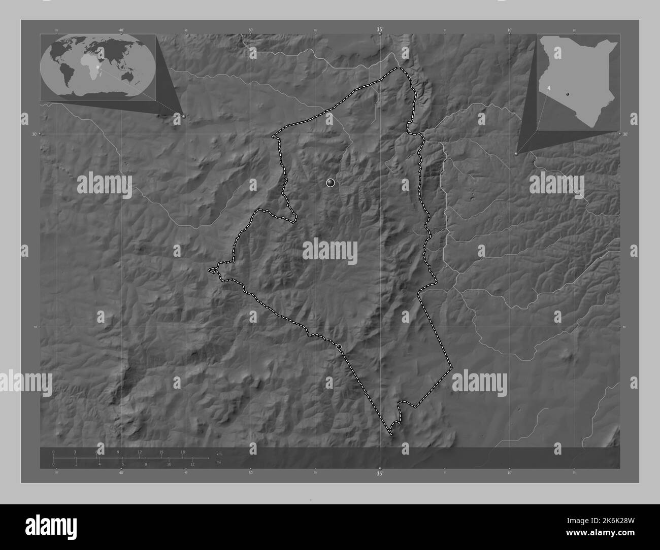 Nyamira, county of Kenya. Grayscale elevation map with lakes and rivers ...