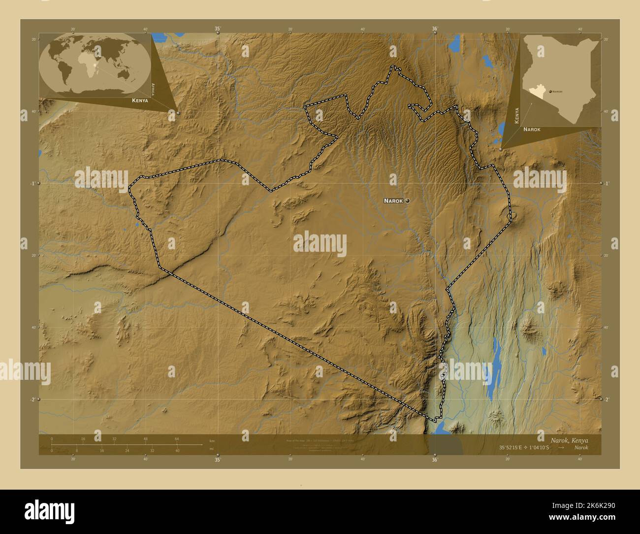 Narok, county of Kenya. Colored elevation map with lakes and rivers ...