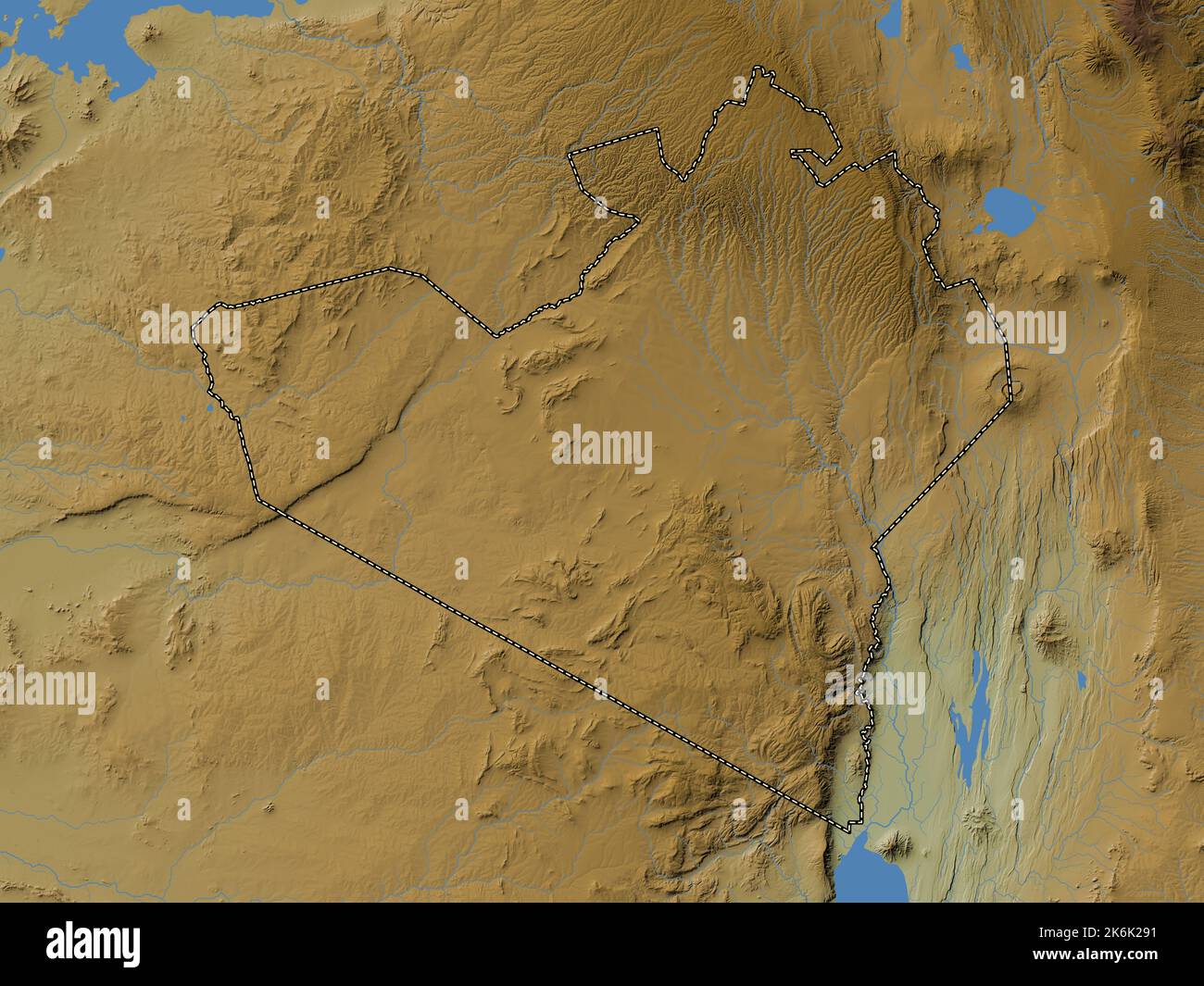 Narok, county of Kenya. Colored elevation map with lakes and rivers ...