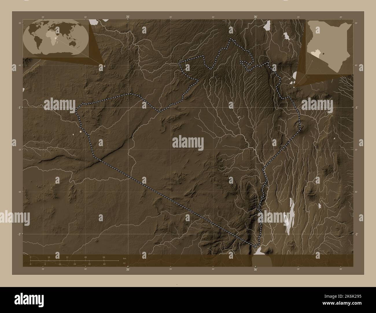 Narok, county of Kenya. Elevation map colored in sepia tones with lakes ...