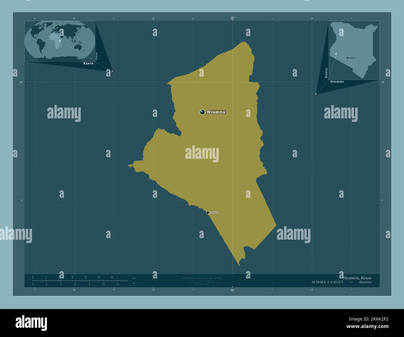 Nyamira, county of Kenya. Solid color shape. Locations and names of ...