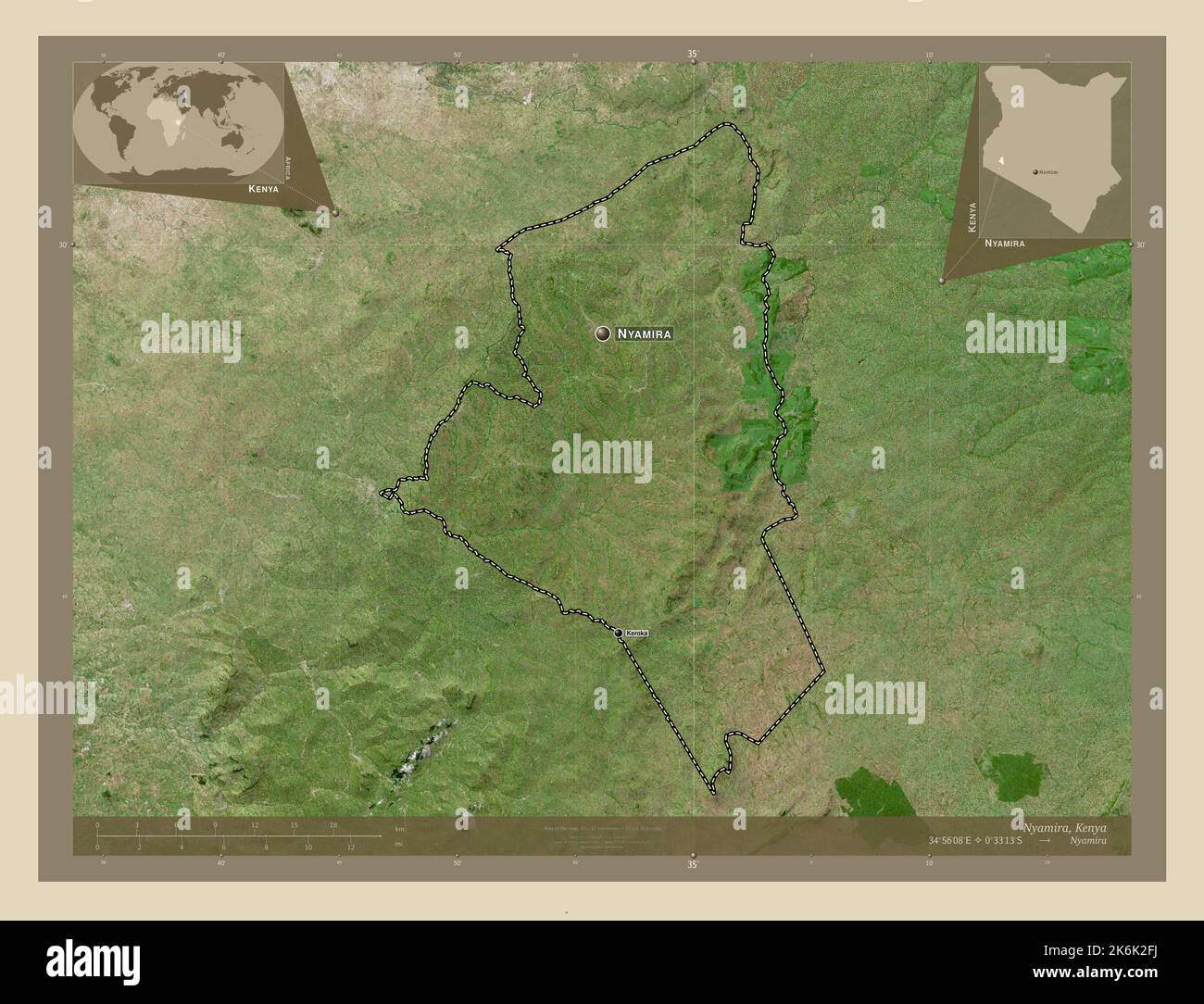 Nyamira, county of Kenya. High resolution satellite map. Locations and ...