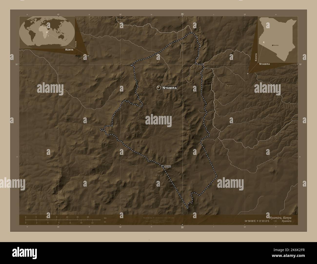 Nyamira, county of Kenya. Elevation map colored in sepia tones with ...