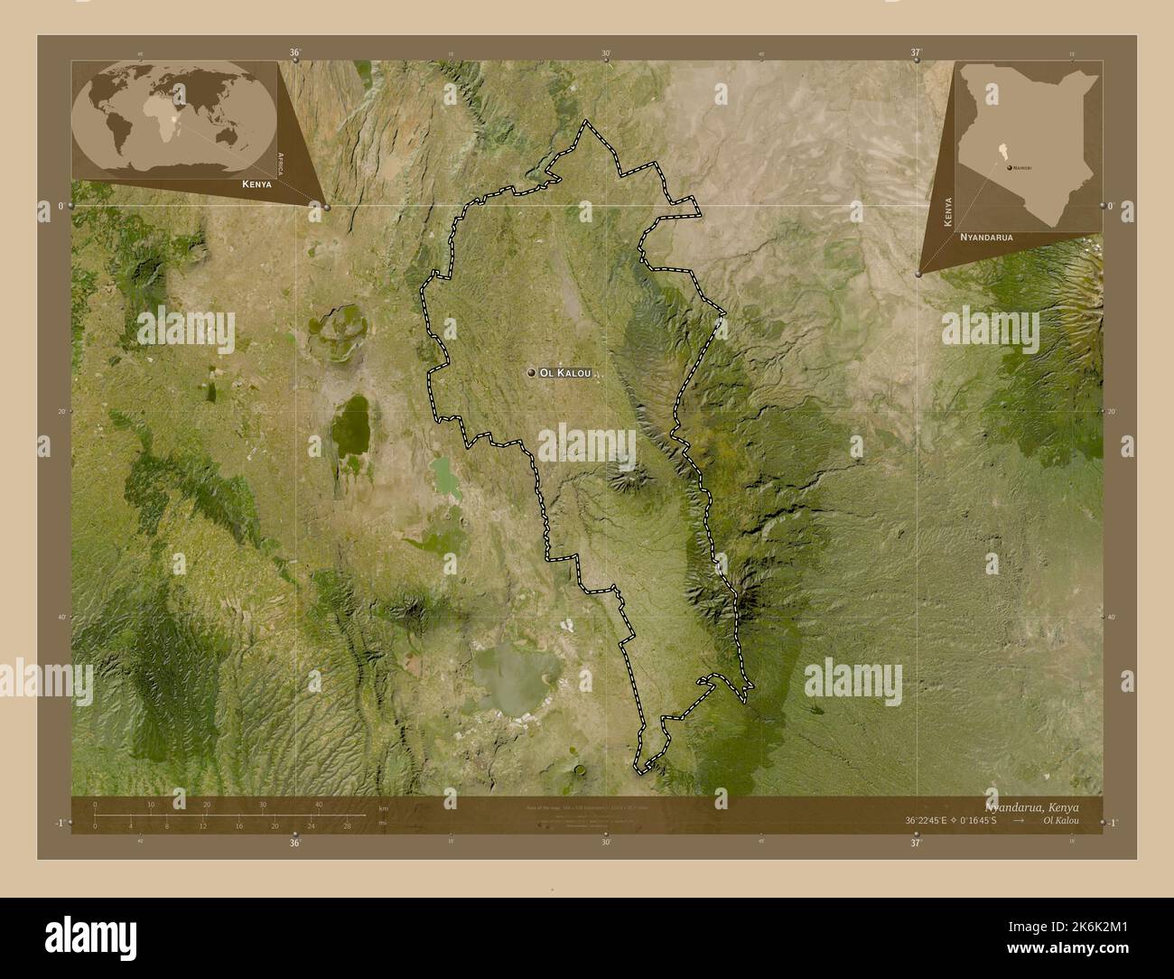 Nyandarua, county of Kenya. Low resolution satellite map. Locations and ...
