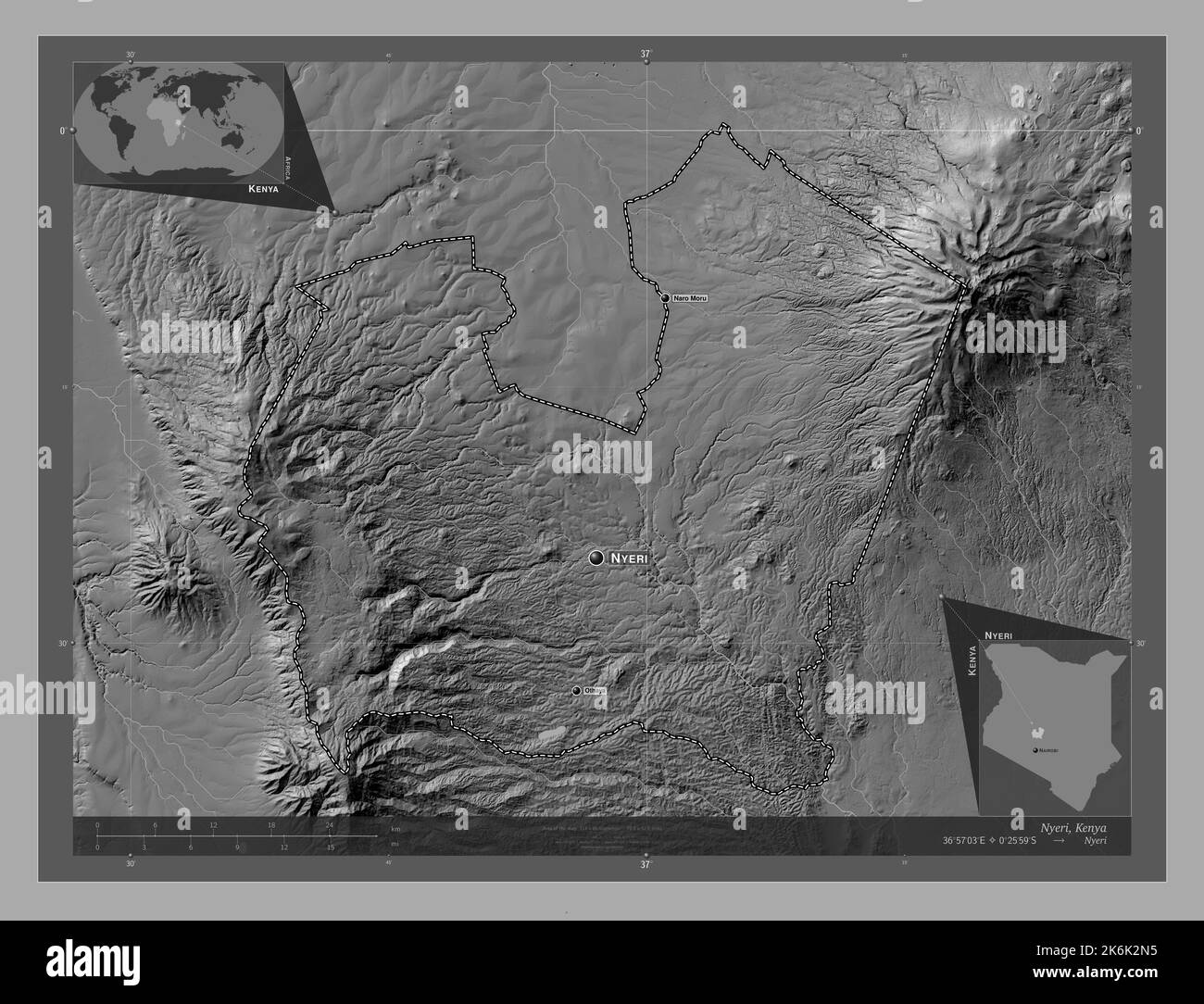 Nyeri, county of Kenya. Bilevel elevation map with lakes and rivers ...