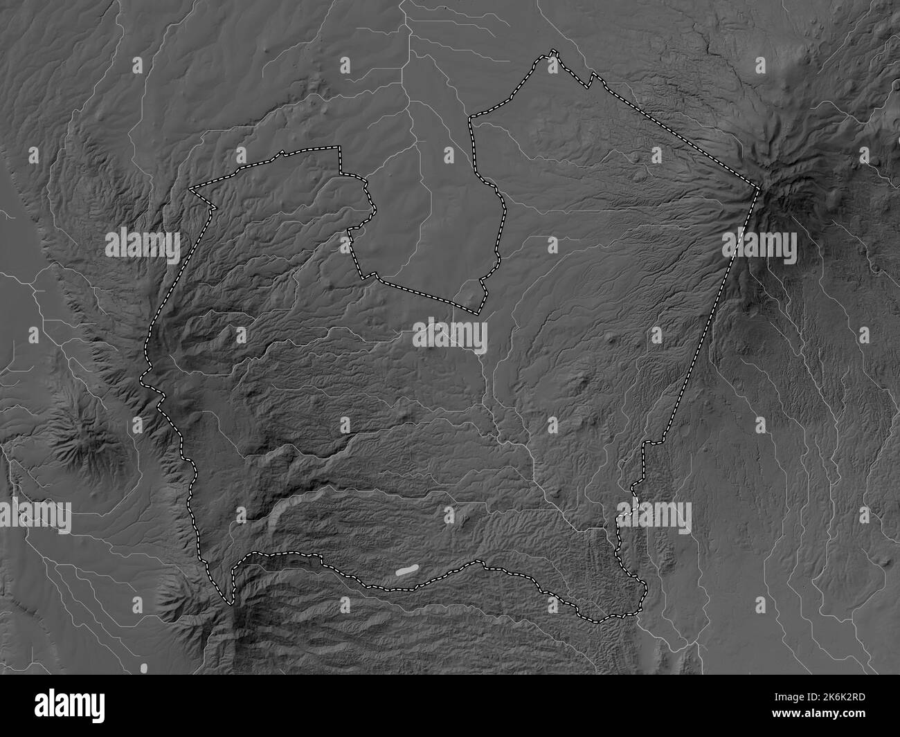 Nyeri, county of Kenya. Grayscale elevation map with lakes and rivers ...