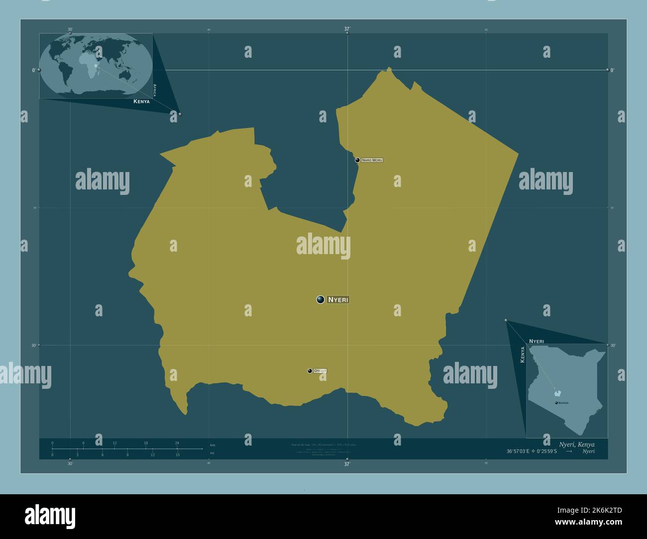 Nyeri, county of Kenya. Solid color shape. Locations and names of major ...