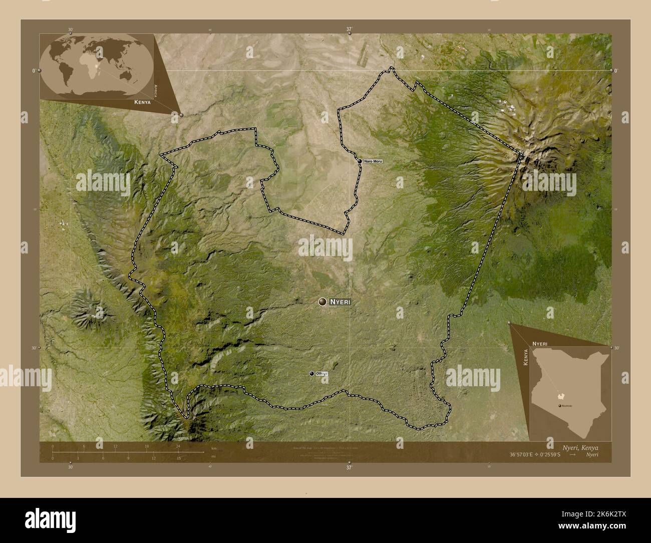 Nyeri, county of Kenya. Low resolution satellite map. Locations and ...