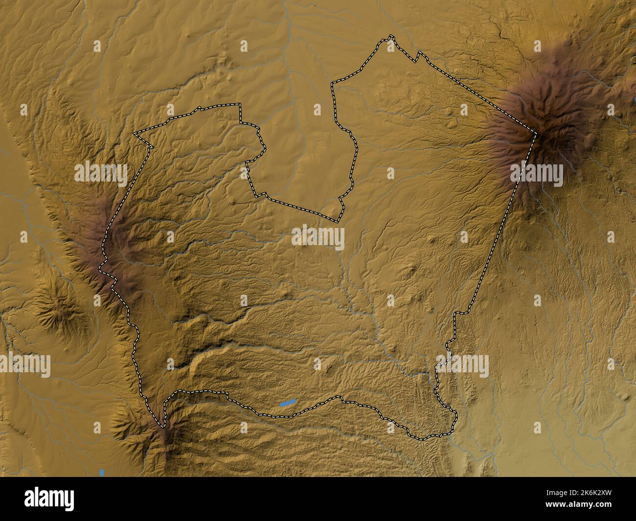 Nyeri, county of Kenya. Colored elevation map with lakes and rivers ...
