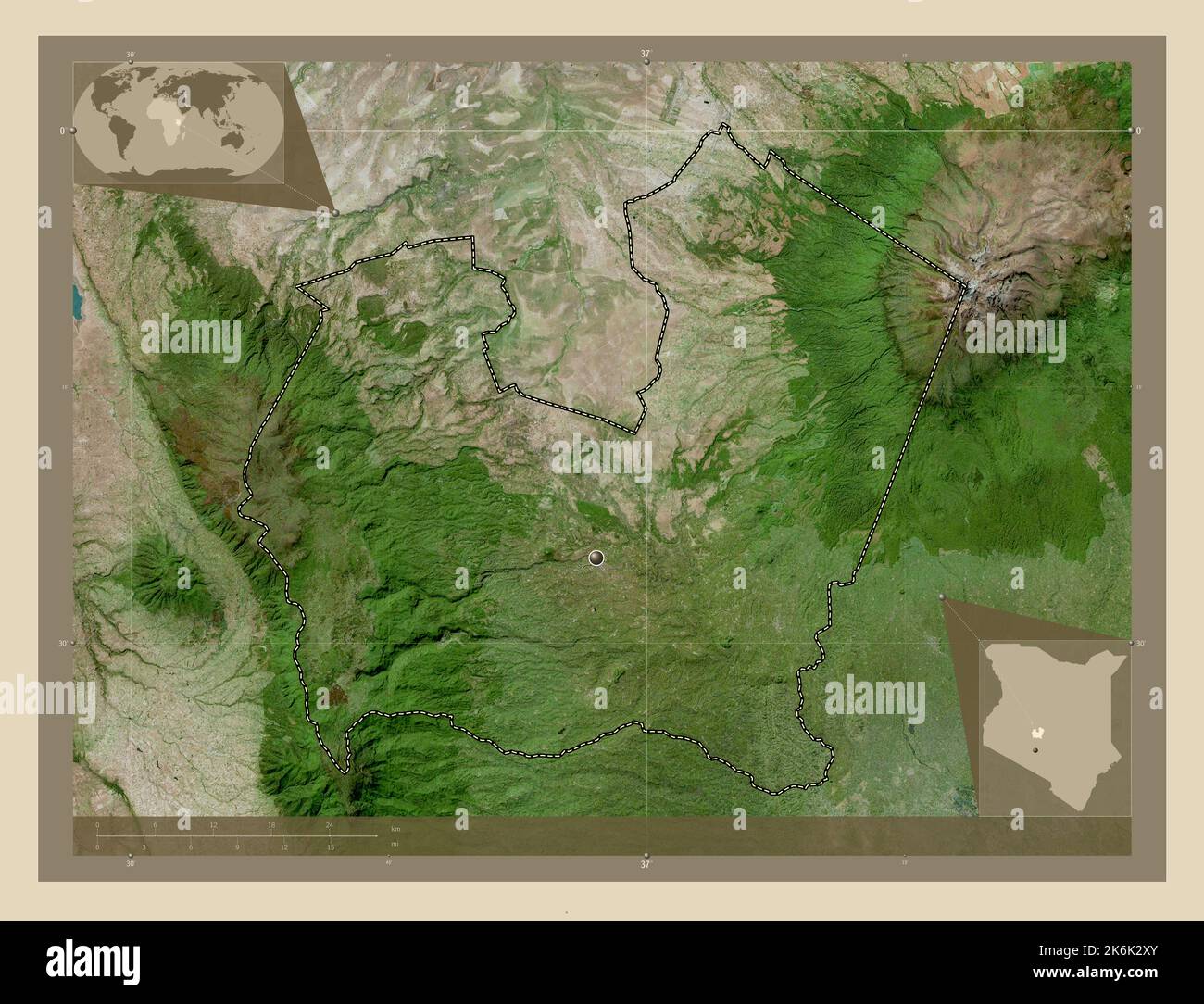 Nyeri, county of Kenya. High resolution satellite map. Corner auxiliary ...