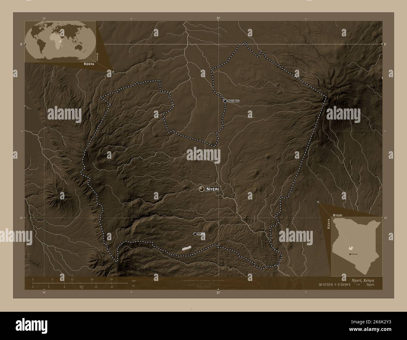 Nyeri, county of Kenya. Elevation map colored in sepia tones with lakes ...