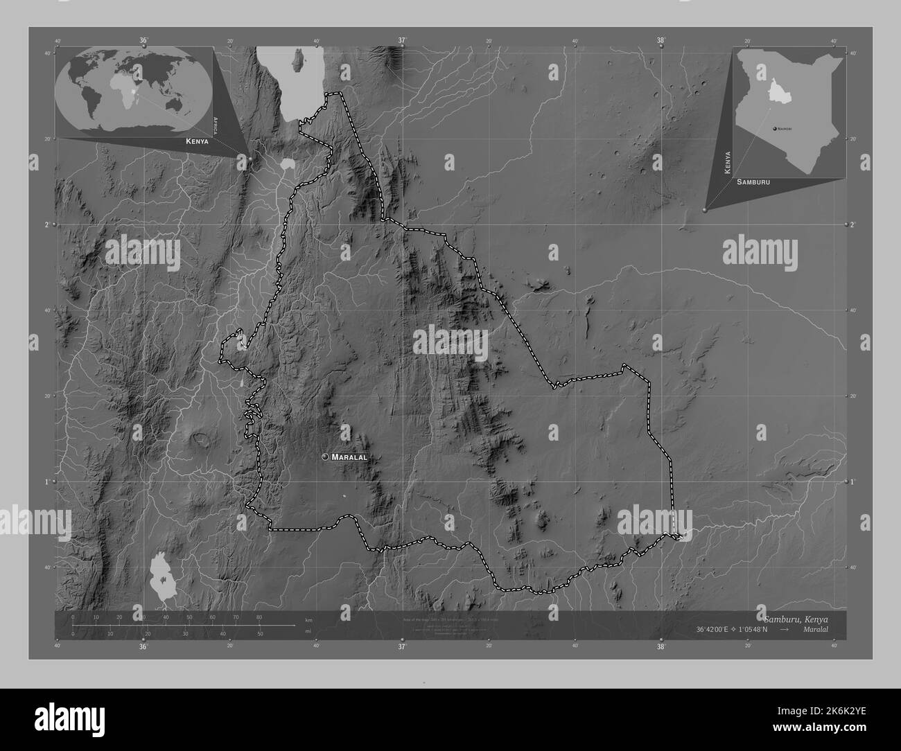 Samburu, county of Kenya. Grayscale elevation map with lakes and rivers ...