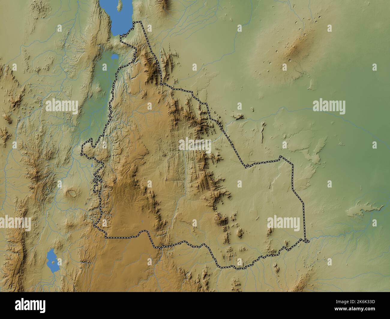 Samburu, county of Kenya. Colored elevation map with lakes and rivers ...