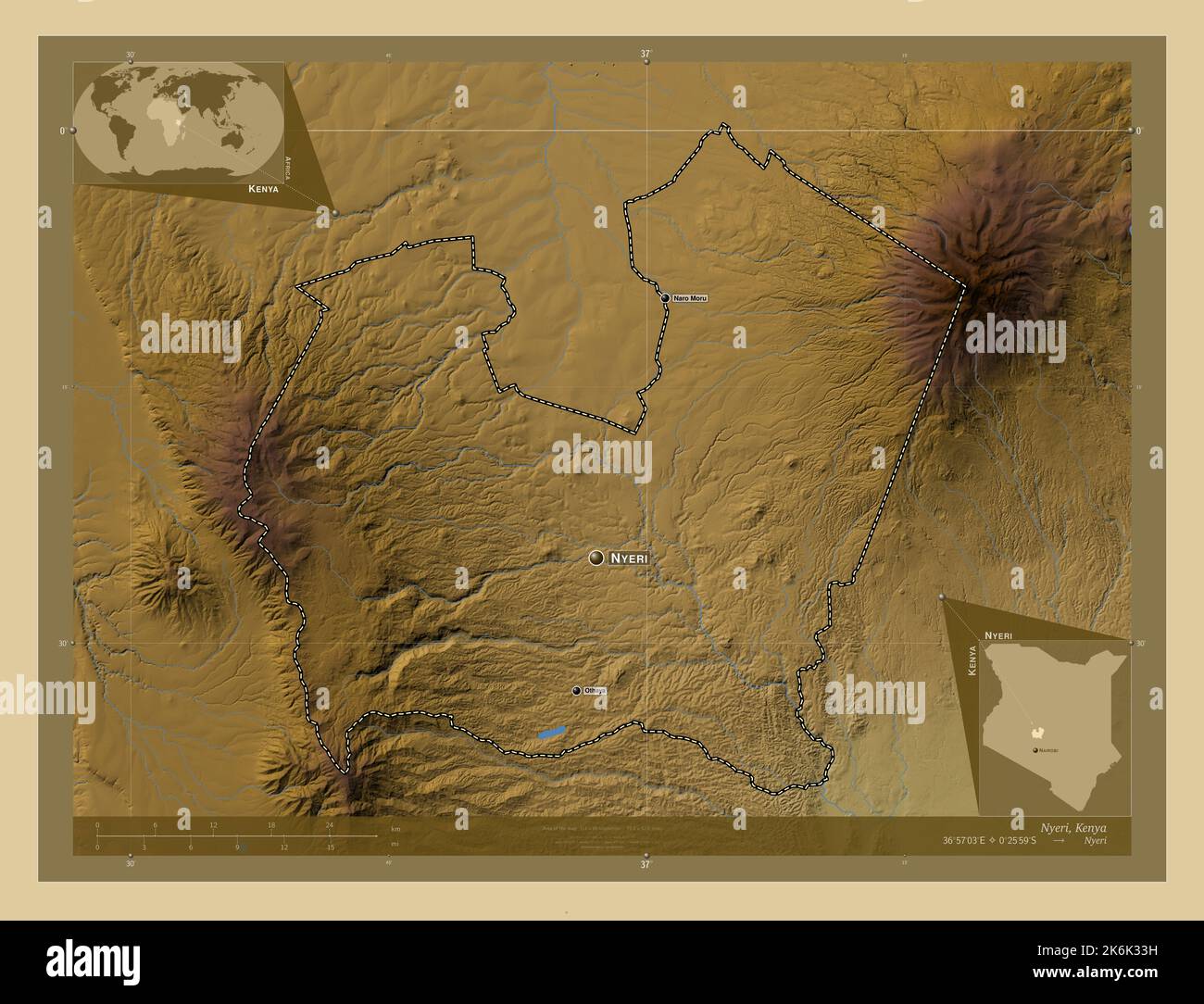 Nyeri, county of Kenya. Colored elevation map with lakes and rivers ...