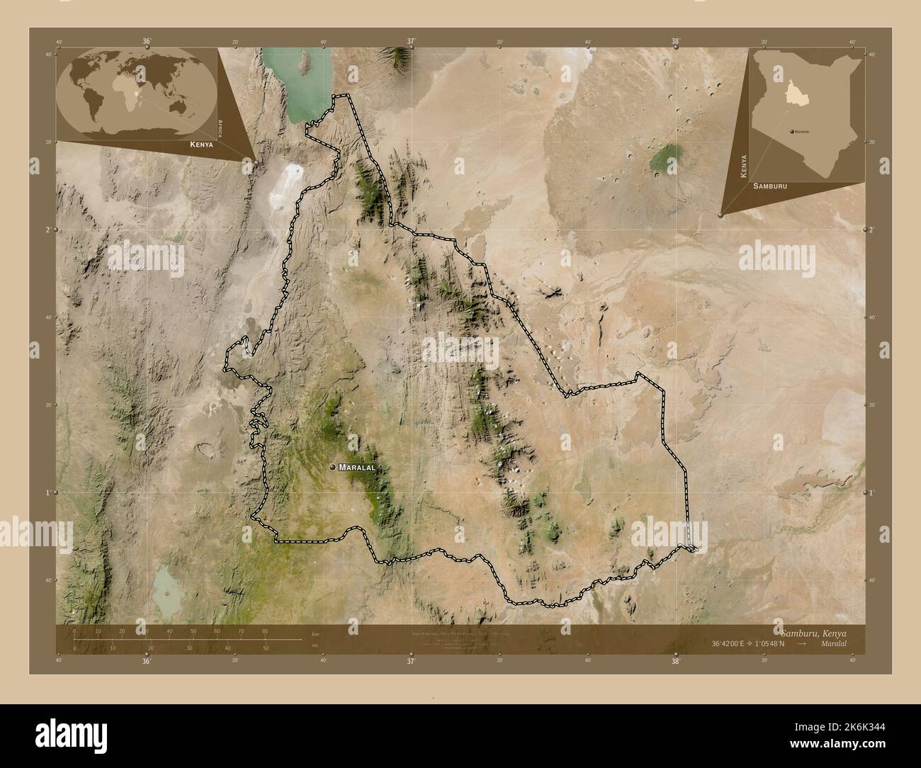 Samburu, county of Kenya. Low resolution satellite map. Locations and ...