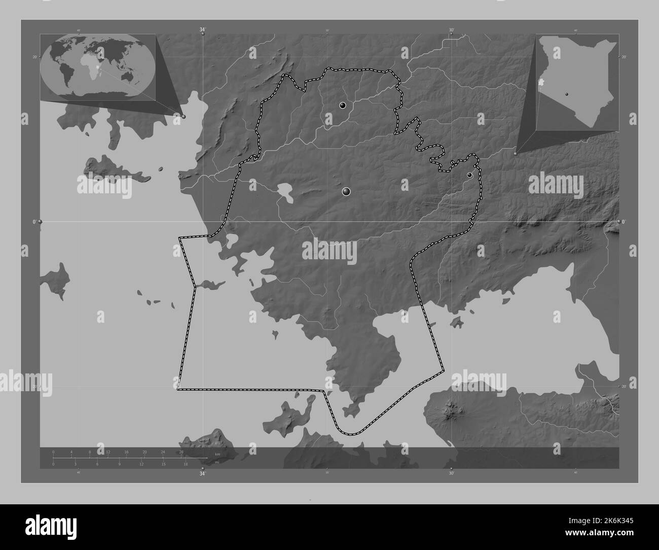 Siaya, county of Kenya. Grayscale elevation map with lakes and rivers ...