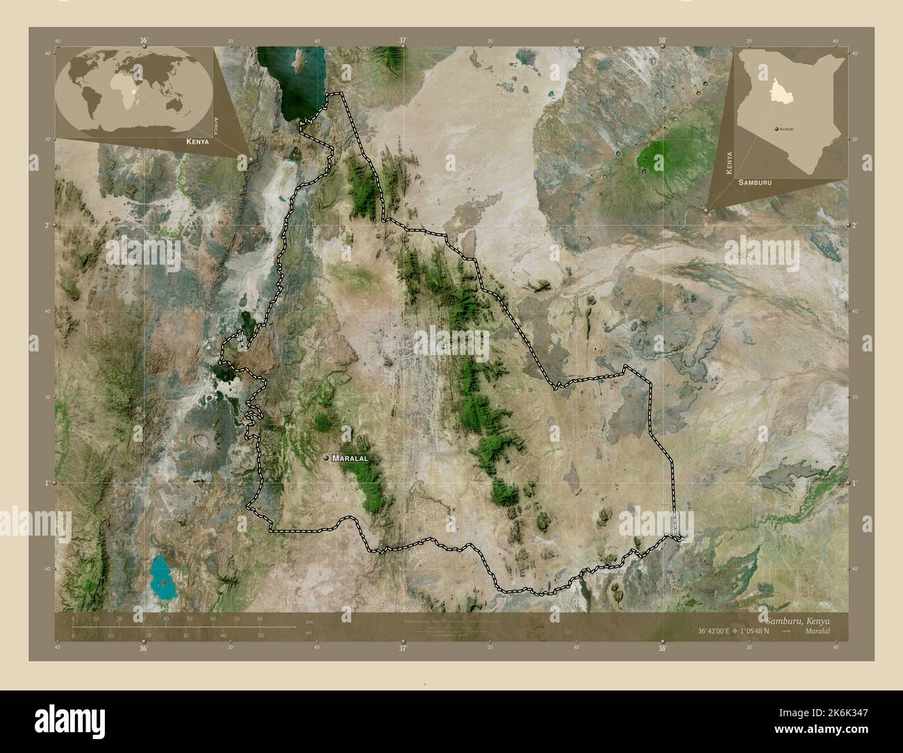 Samburu, county of Kenya. High resolution satellite map. Locations and ...