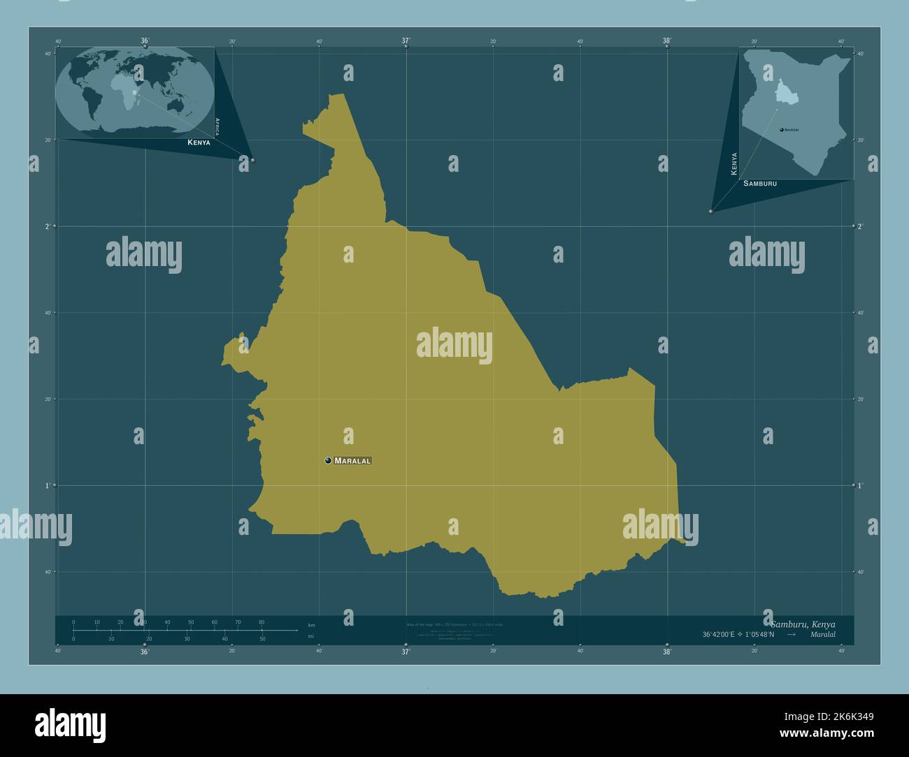 Samburu, county of Kenya. Solid color shape. Locations and names of ...