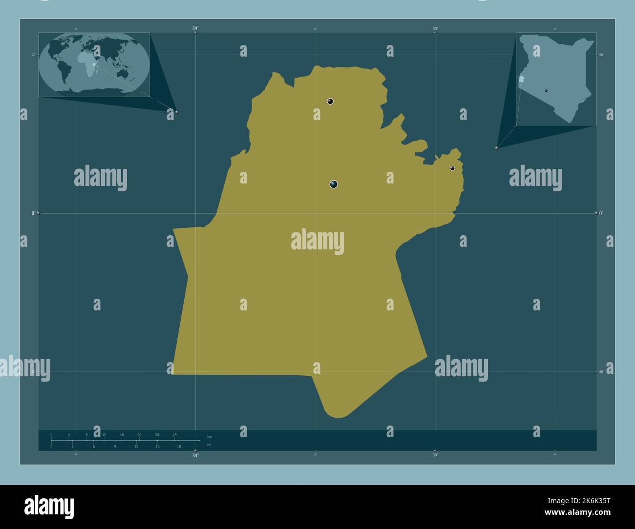 Siaya, county of Kenya. Solid color shape. Locations of major cities of ...