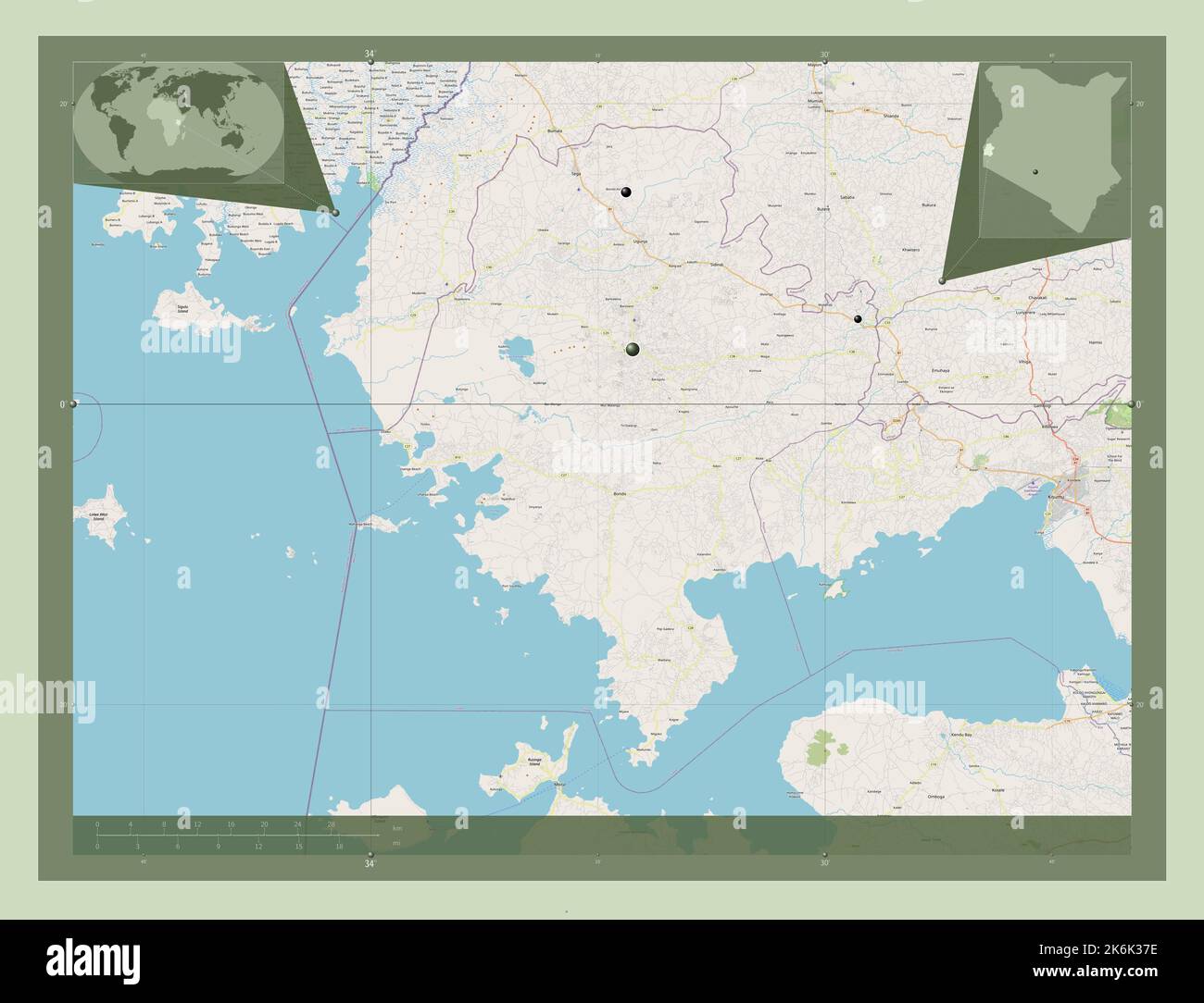 Siaya, county of Kenya. Open Street Map. Locations of major cities of ...