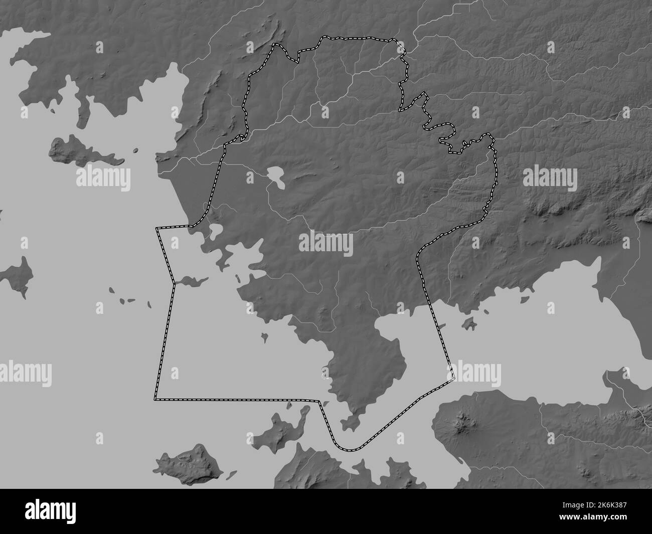 Siaya, county of Kenya. Grayscale elevation map with lakes and rivers ...