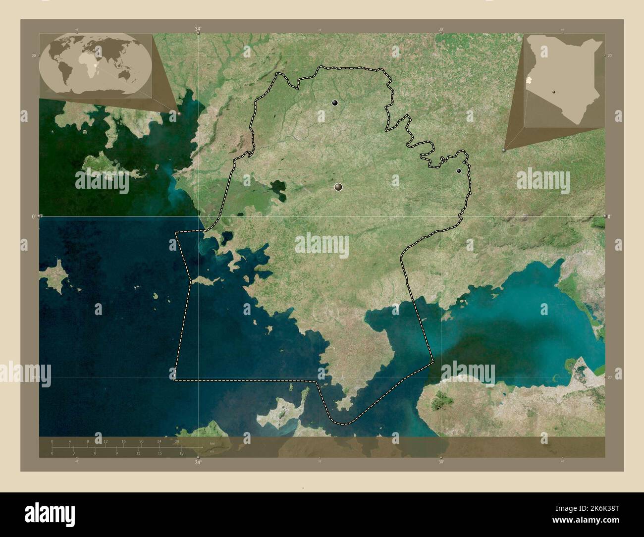 Siaya, county of Kenya. High resolution satellite map. Locations of ...