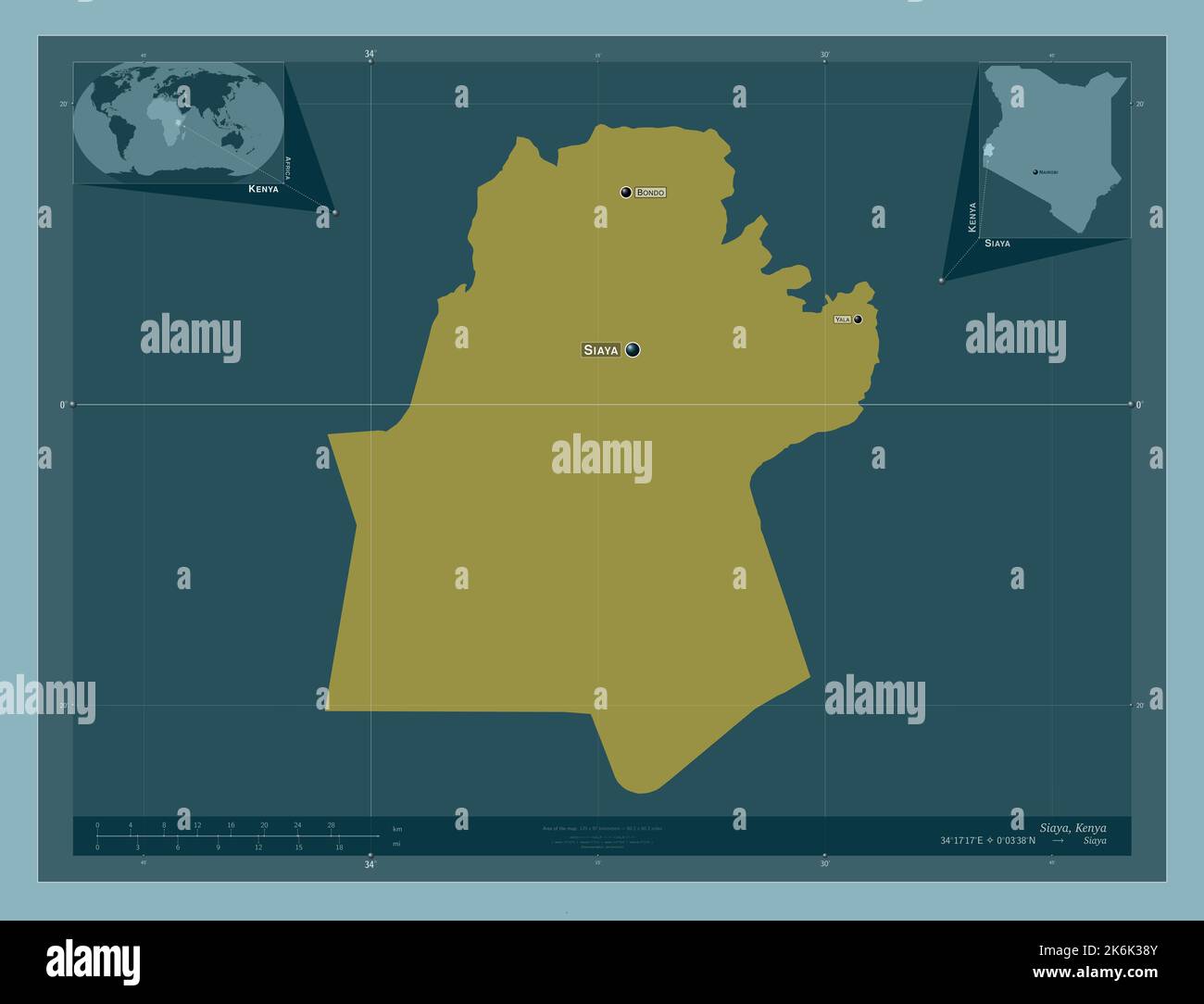 Siaya, county of Kenya. Solid color shape. Locations and names of major ...