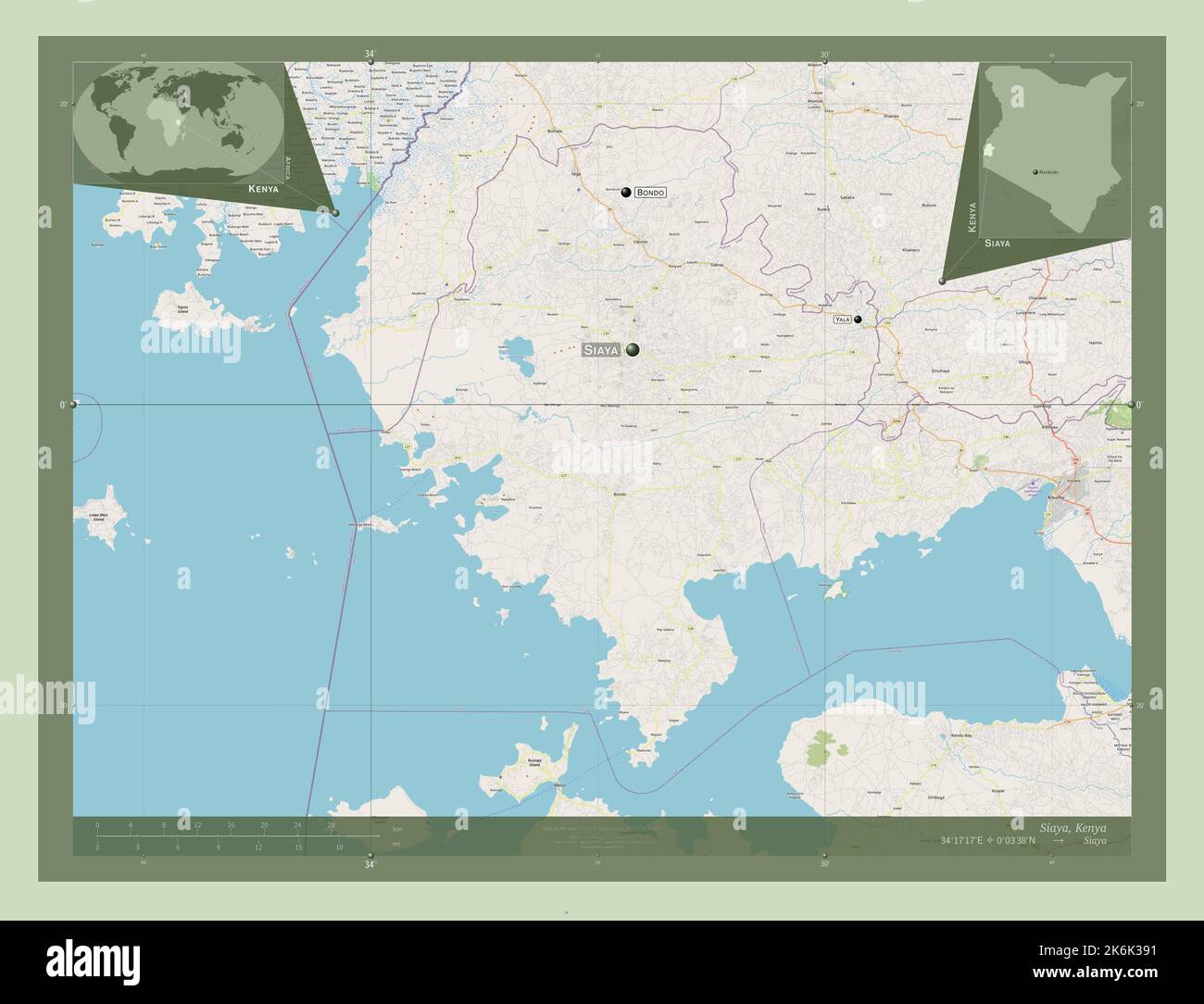 Siaya, county of Kenya. Open Street Map. Locations and names of major ...
