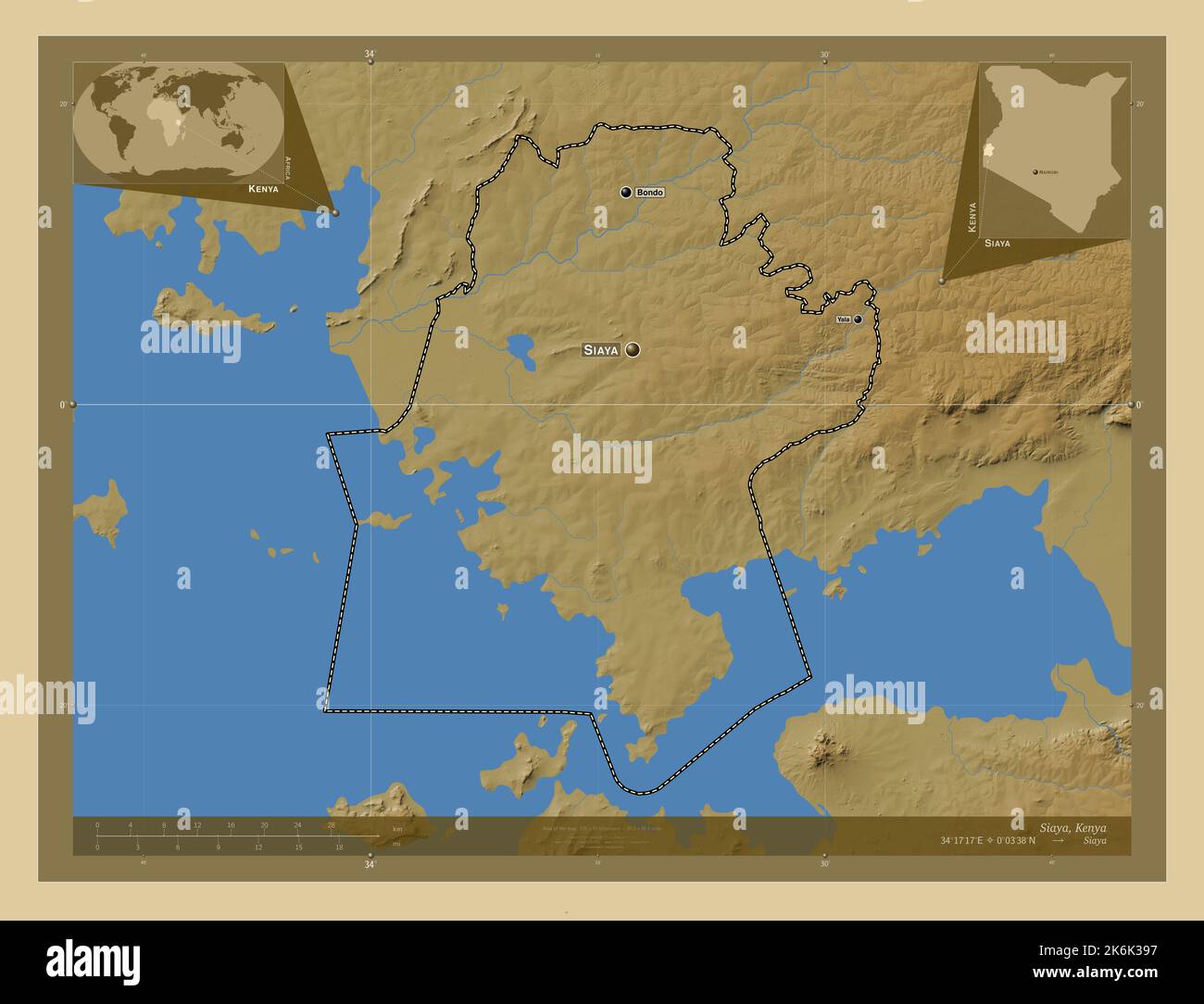 Siaya, county of Kenya. Colored elevation map with lakes and rivers ...