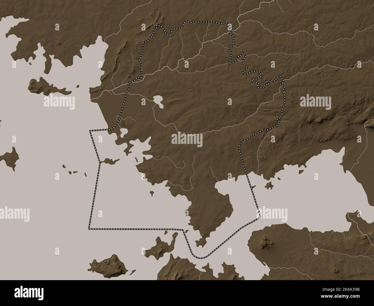 Siaya, county of Kenya. Elevation map colored in sepia tones with lakes ...