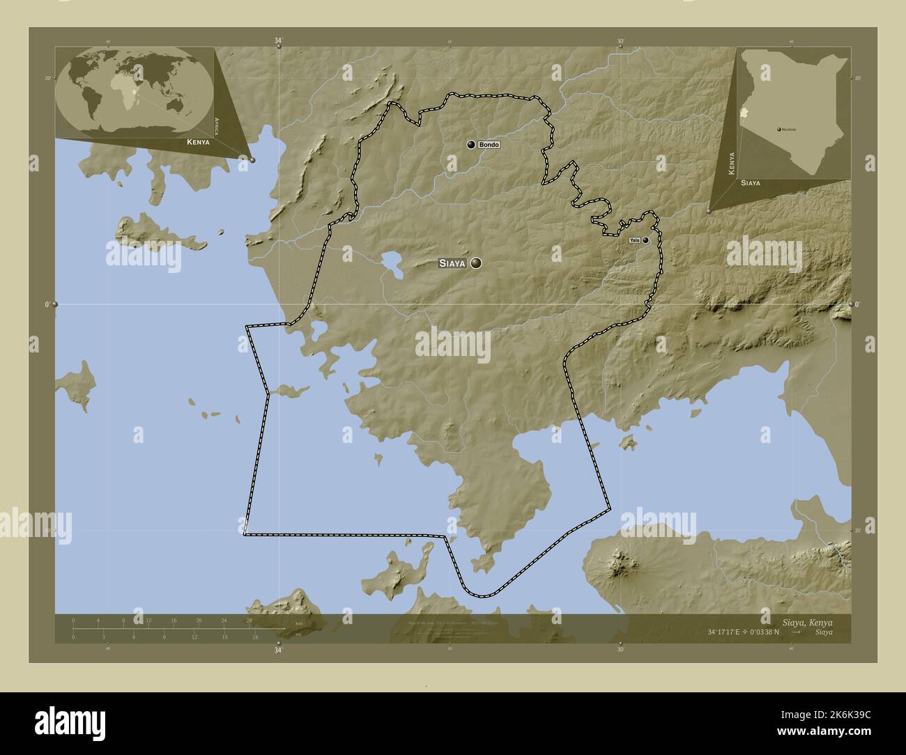 Siaya, county of Kenya. Elevation map colored in wiki style with lakes ...