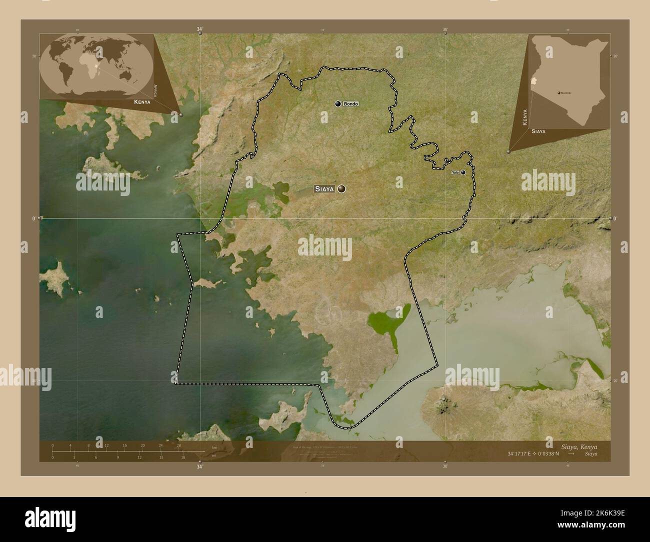 Siaya, county of Kenya. Low resolution satellite map. Locations and ...