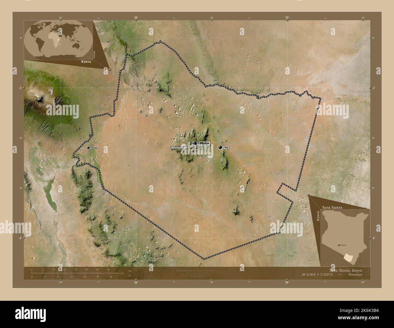 Taita Taveta, county of Kenya. Low resolution satellite map. Locations ...