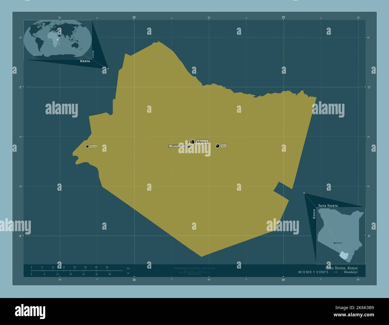 Taita Taveta, county of Kenya. Solid color shape. Locations and names ...