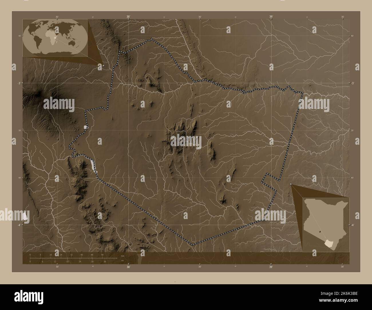 Taita Taveta, county of Kenya. Elevation map colored in sepia tones ...