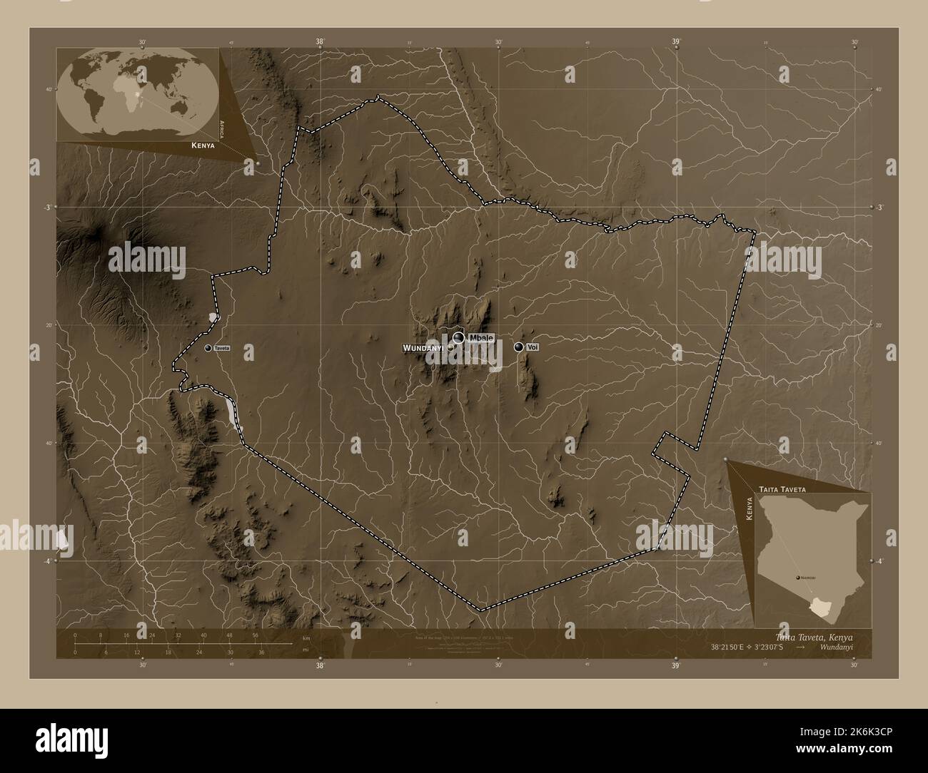 Taita Taveta, county of Kenya. Elevation map colored in sepia tones ...