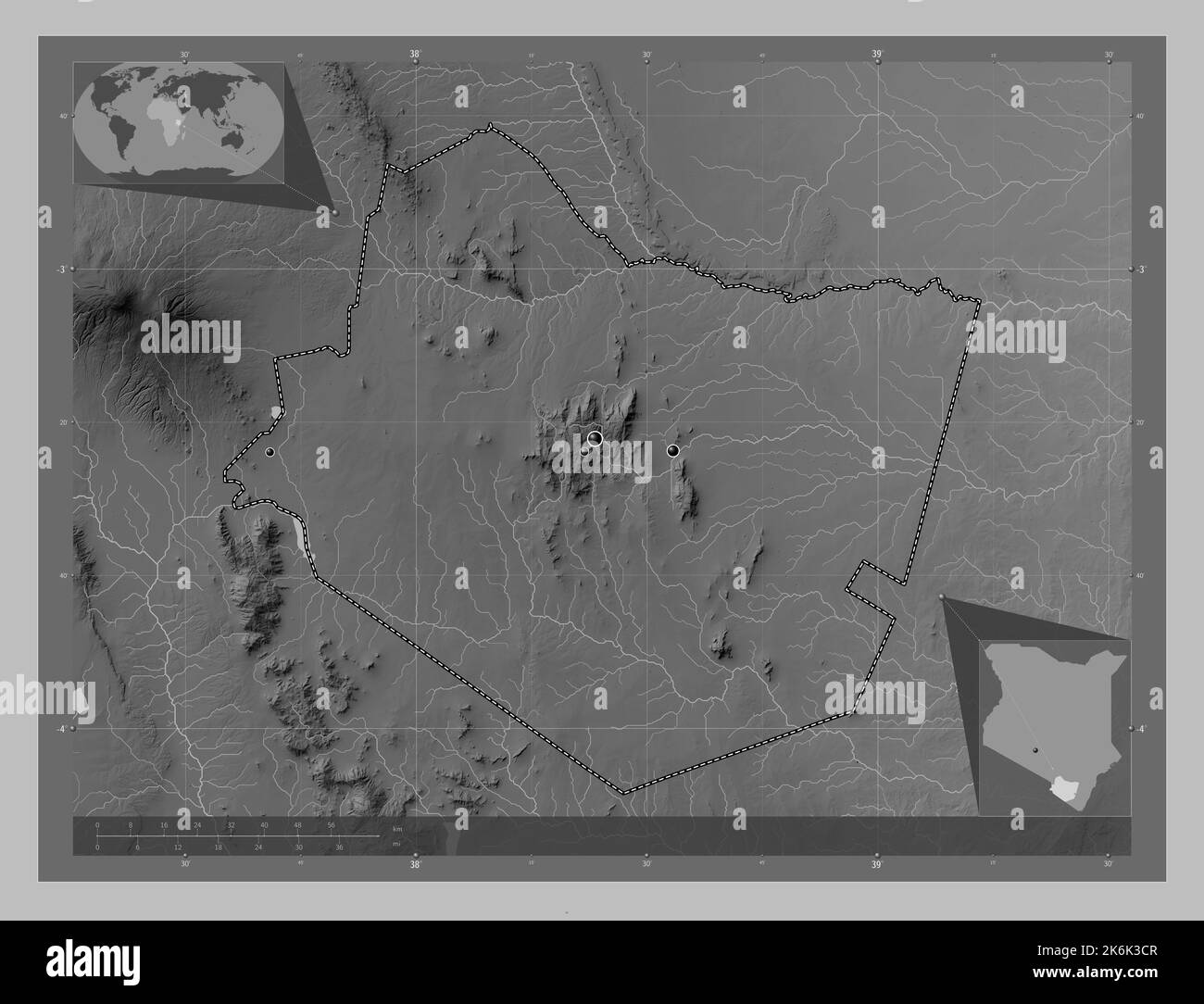 Taita Taveta, county of Kenya. Grayscale elevation map with lakes and ...