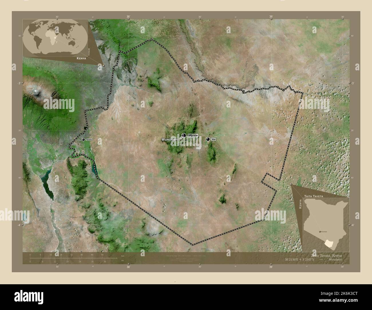 Taita Taveta, county of Kenya. High resolution satellite map. Locations ...