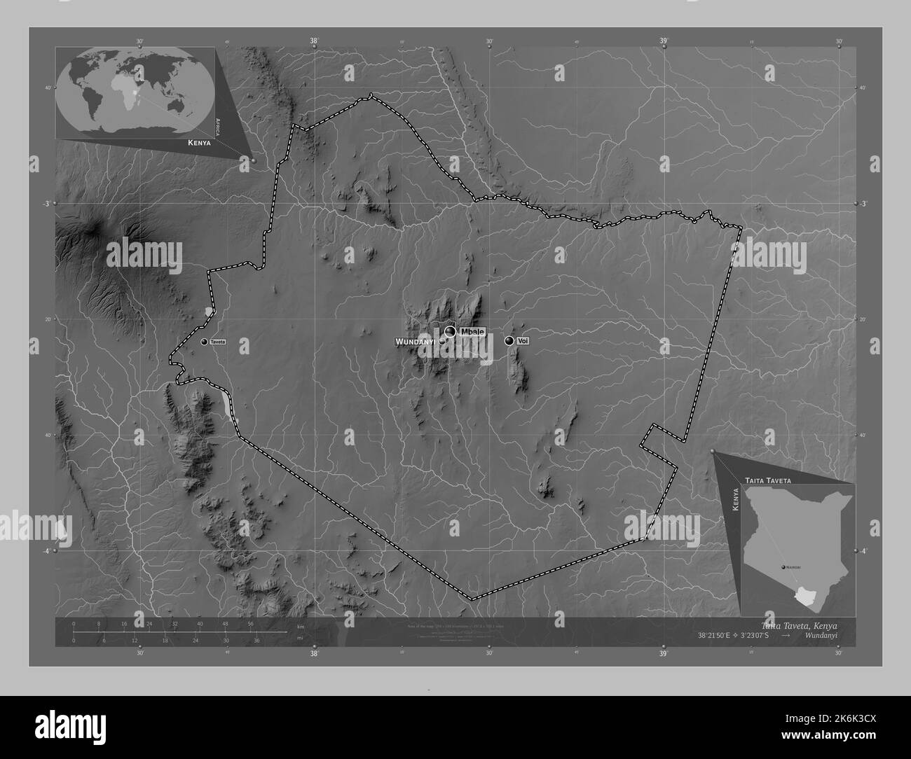 Taita Taveta, county of Kenya. Grayscale elevation map with lakes and ...