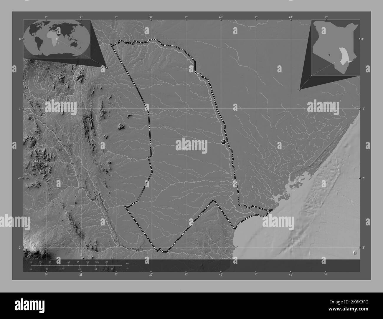 Tana River, county of Kenya. Bilevel elevation map with lakes and ...