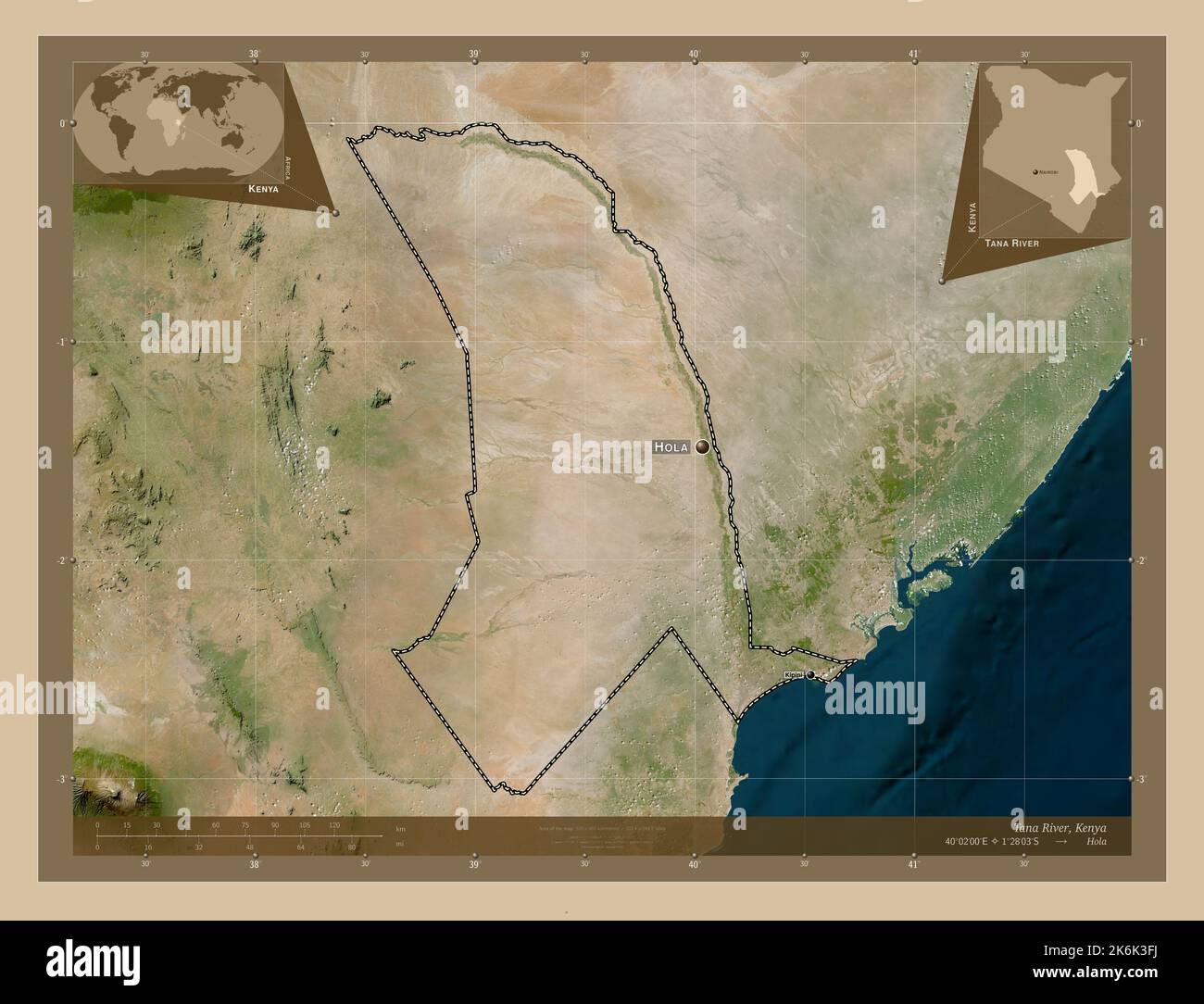 Tana River, county of Kenya. Low resolution satellite map. Locations ...