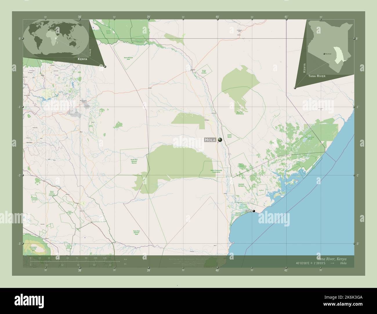 Tana River, county of Kenya. Open Street Map. Locations and names of ...