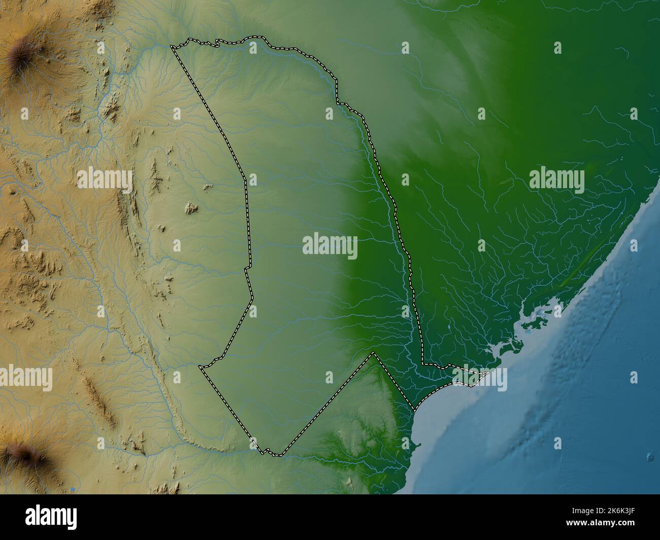 Tana River, county of Kenya. Colored elevation map with lakes and ...