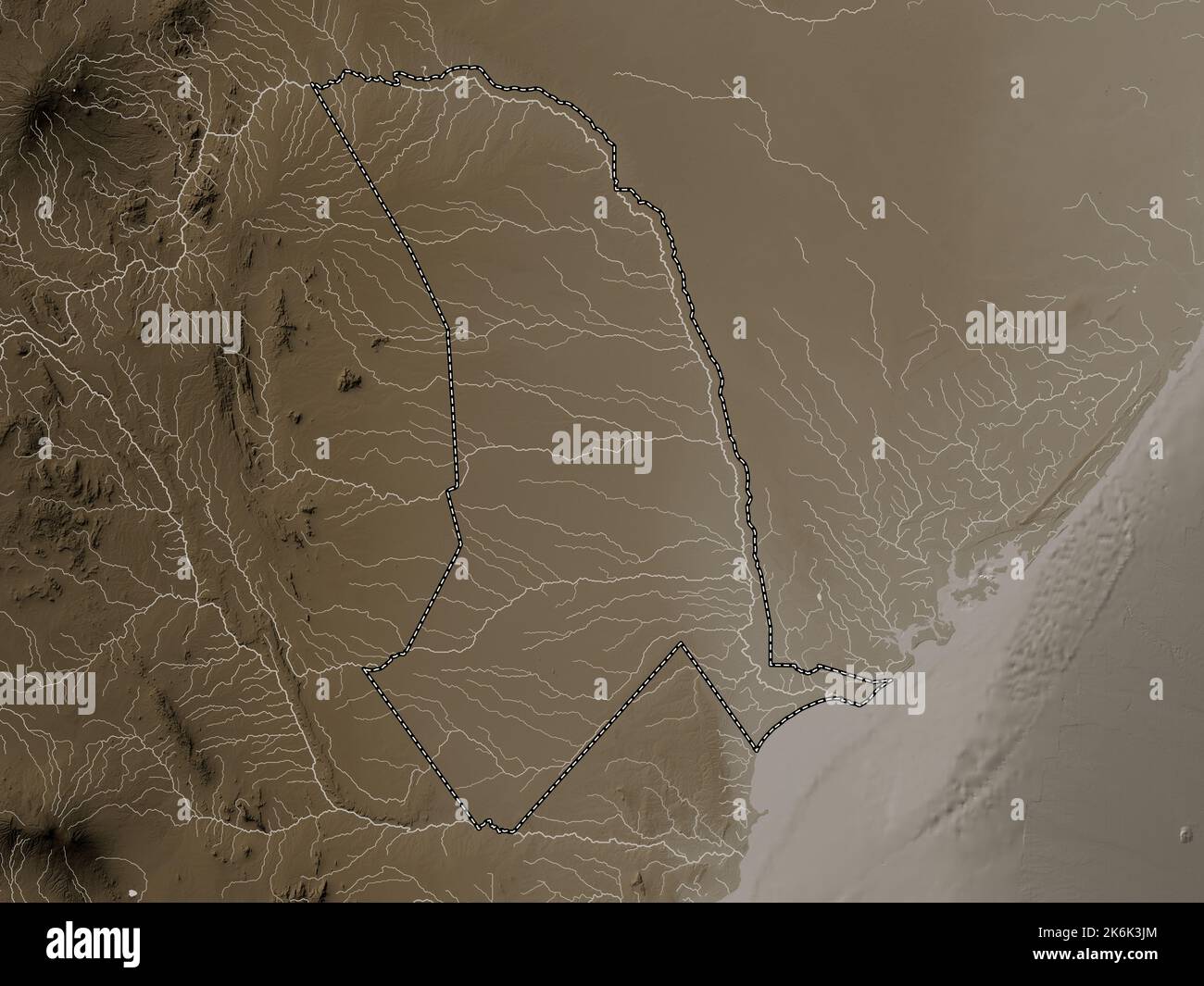 Tana River, county of Kenya. Elevation map colored in sepia tones with ...