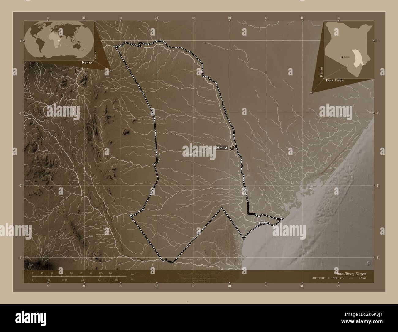 Tana River, county of Kenya. Elevation map colored in sepia tones with ...