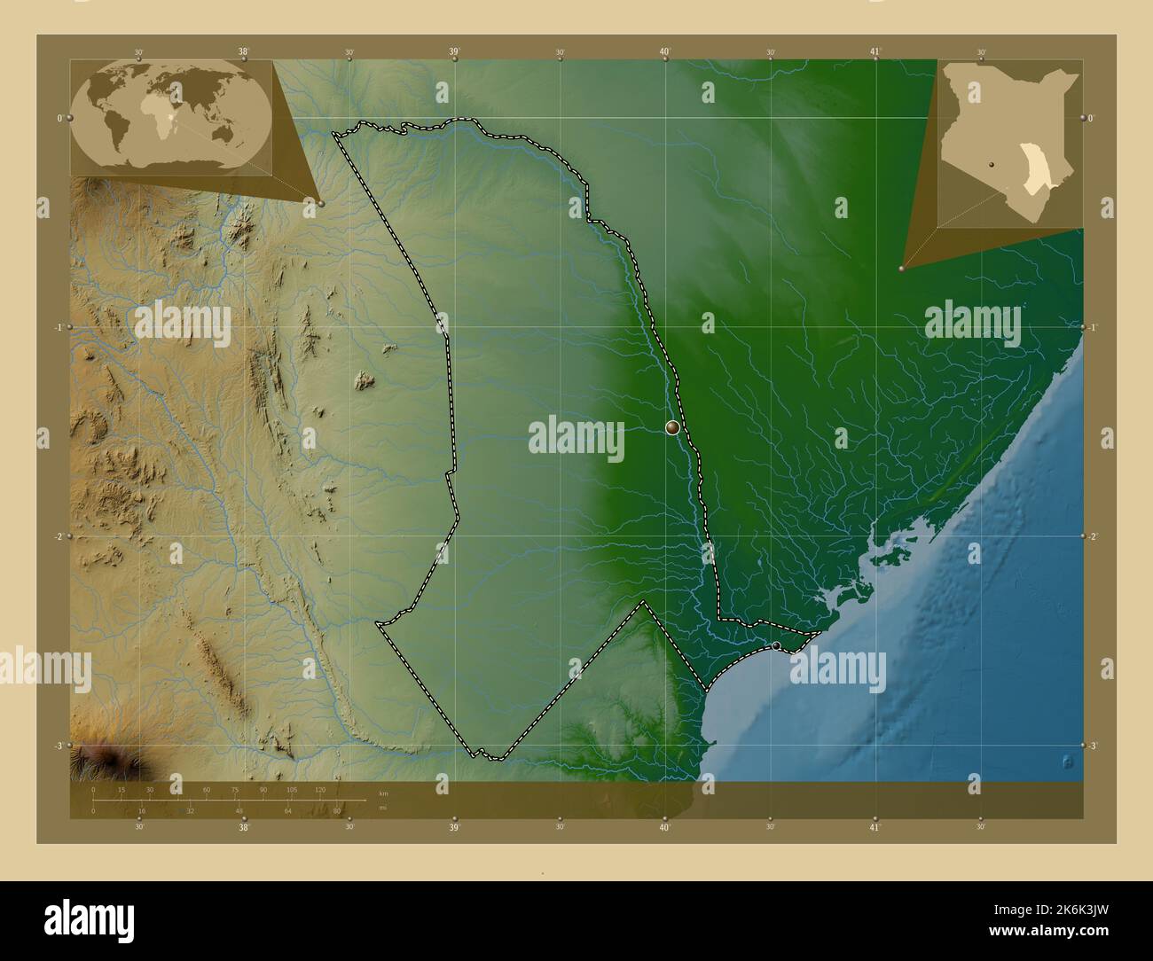 Tana River, county of Kenya. Colored elevation map with lakes and ...