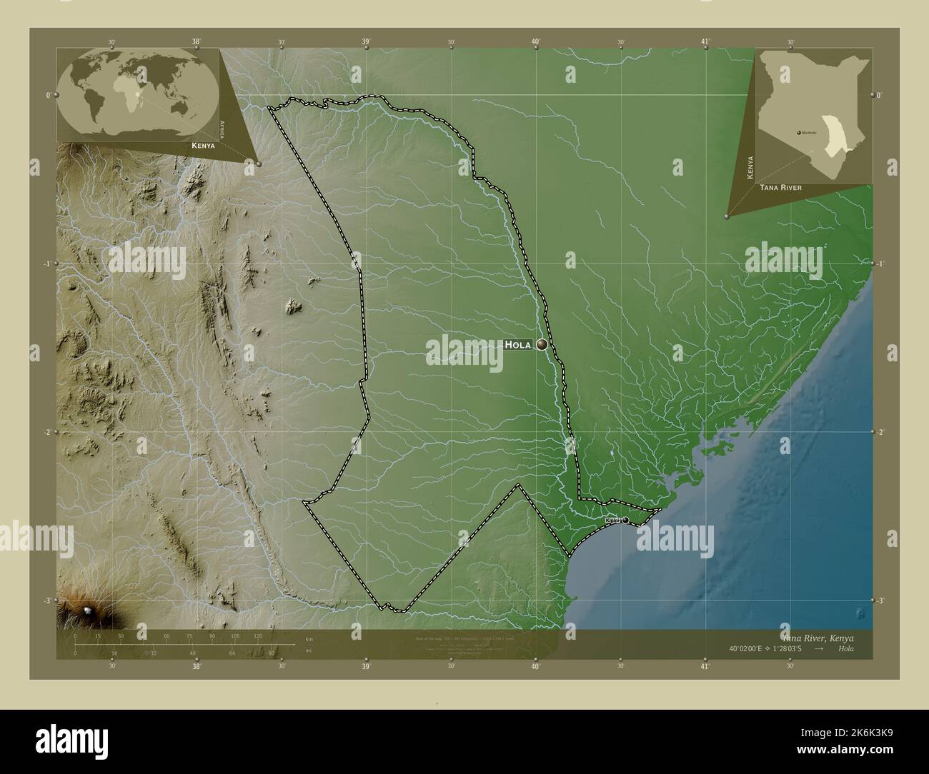 Tana River, county of Kenya. Elevation map colored in wiki style with ...